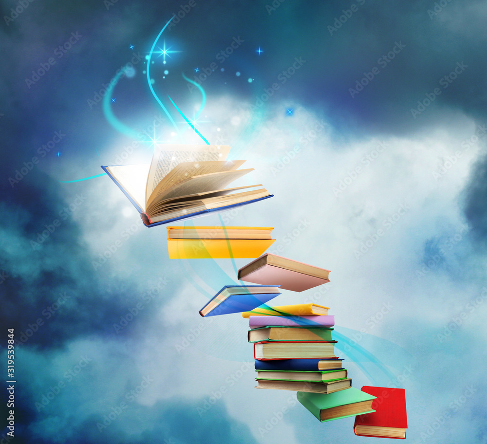Flying books with fairytales and magic lights on blue background ...