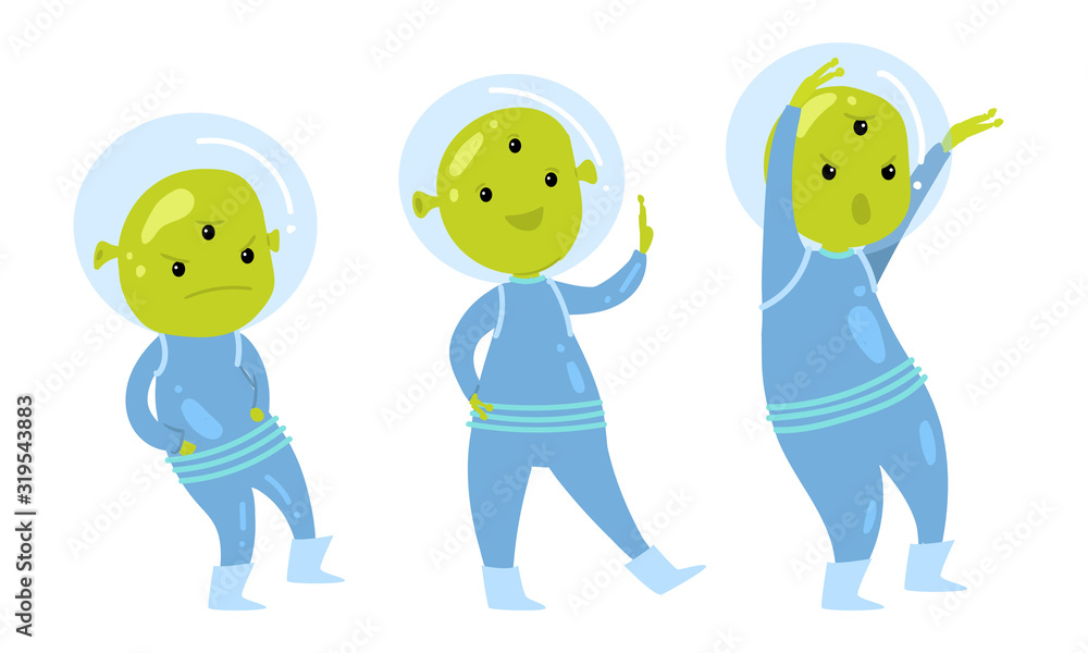 Happy and angry green alien in blue costumes vector illustration Stock ...