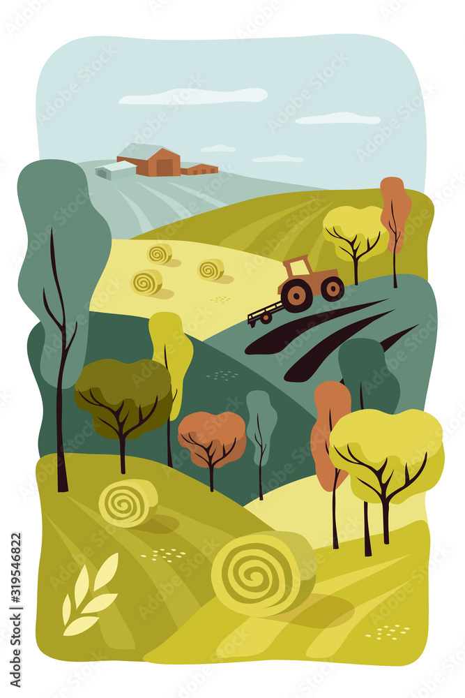 Vector illustration of autumn nature, agricultural landscapes with ...
