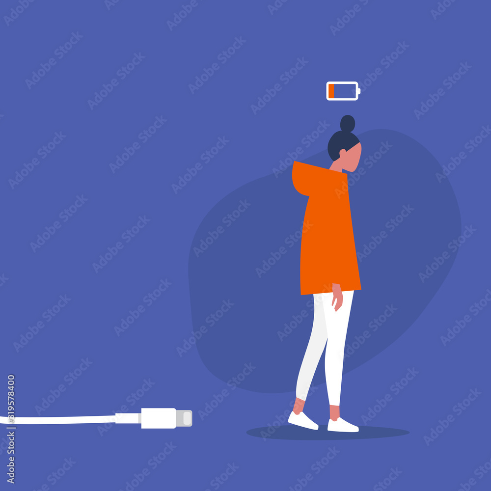 body budget, low battery conceptual illustration, young exhausted ...