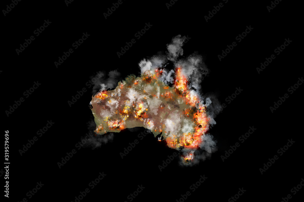 Map of Australia in fire from space; 3D visualization of ecological ...