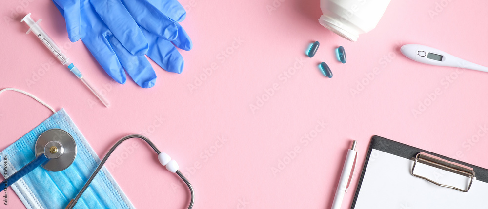 Medical check up concept. Top view medical equipment on pink background ...
