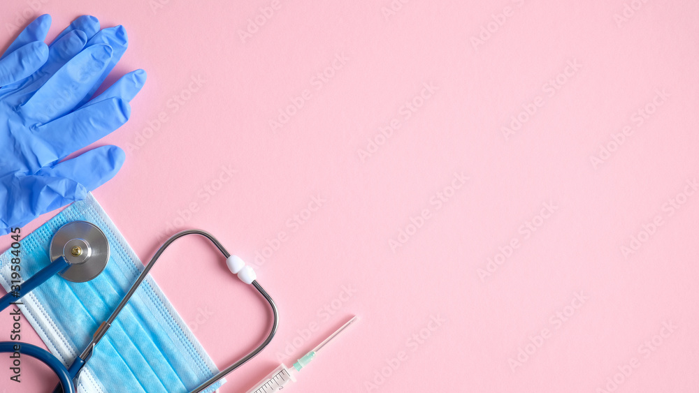 Medical equipment and tools on pink background. Top view stethoscope ...