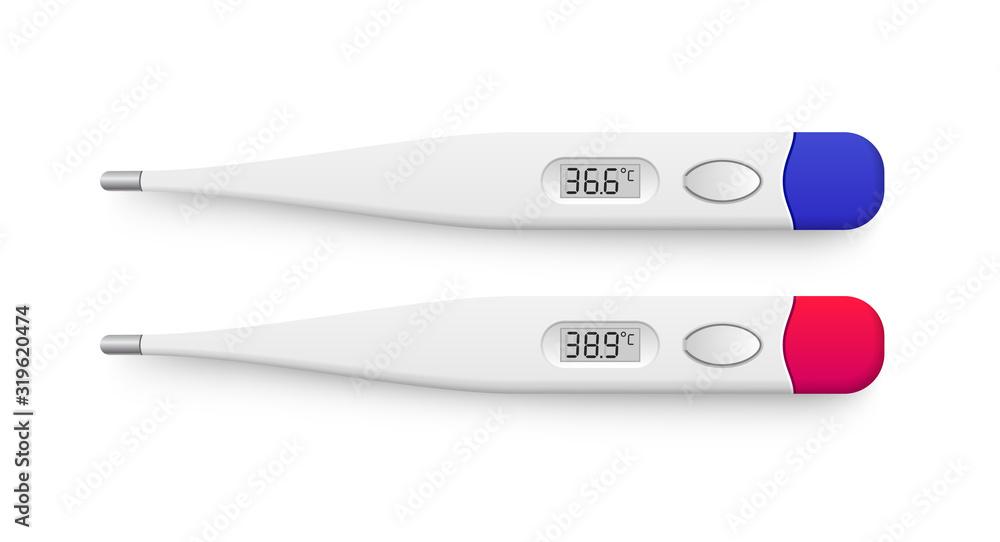 Realistic 3d electronic medical thermometers with shadow top view isolated on white background ...