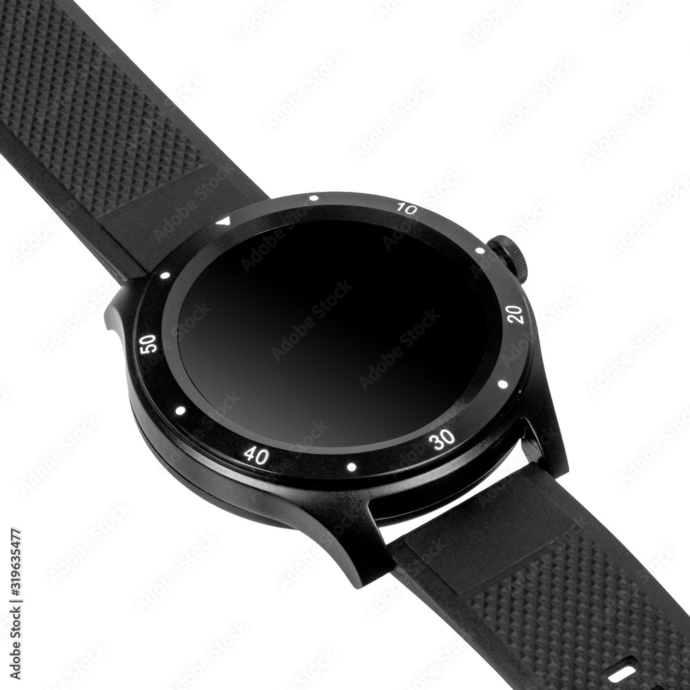 Wireless smartwatch in a round matte black case with numbers on the rim ...