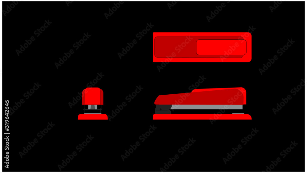 Isometric 3 views of a red basic office stapler. Front View, Side view ...
