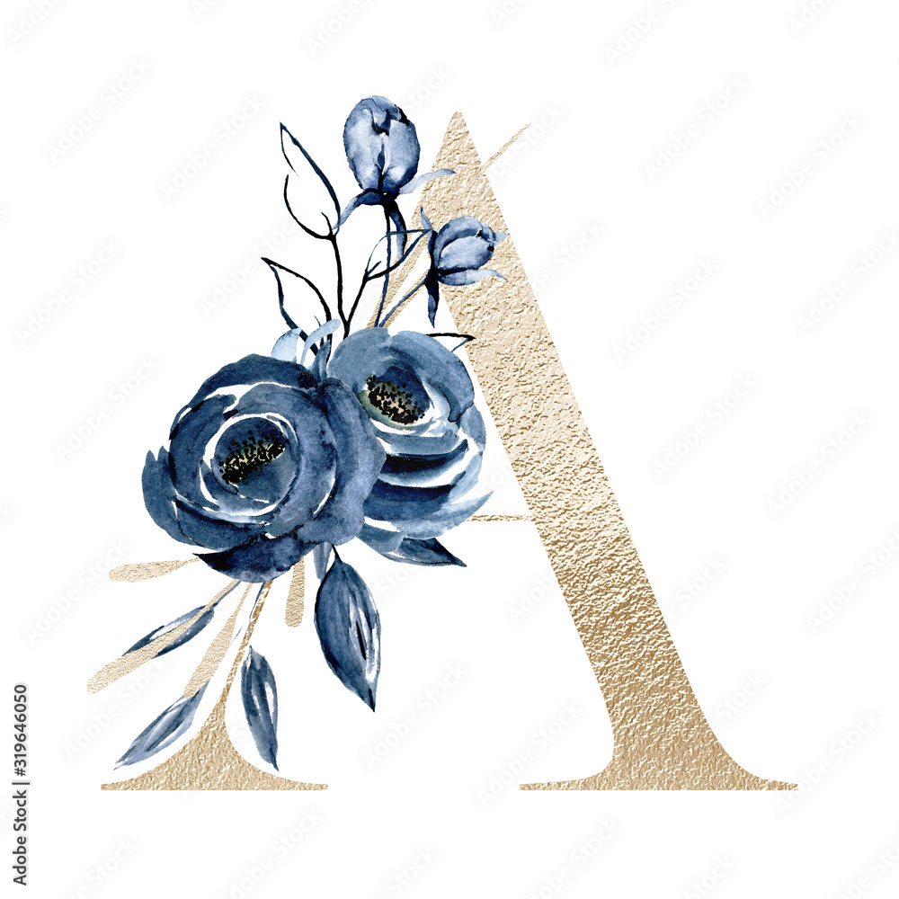 Gold letter a decorated with watercolor bloom of blue roses. Isolated ...