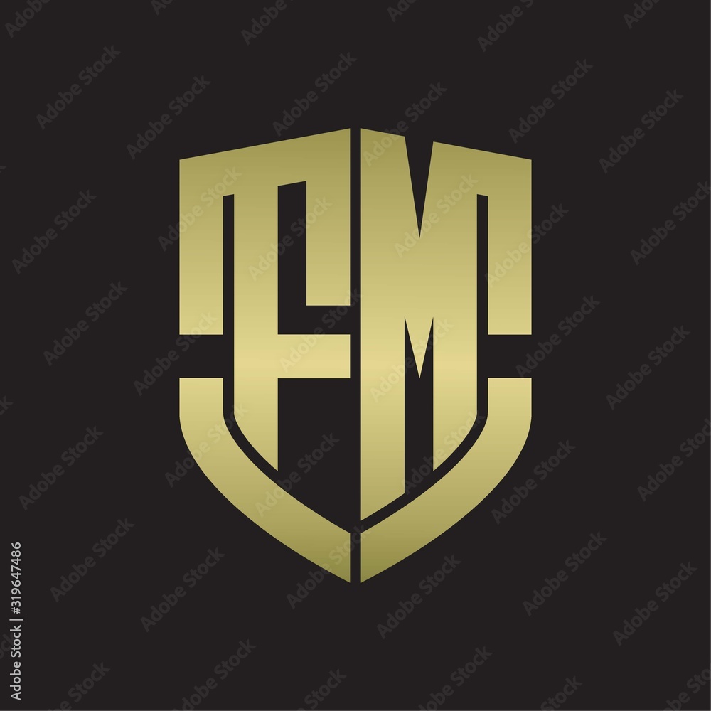 FM Logo monogram with emblem shield shape design isolated gold colors on black background Stock ...