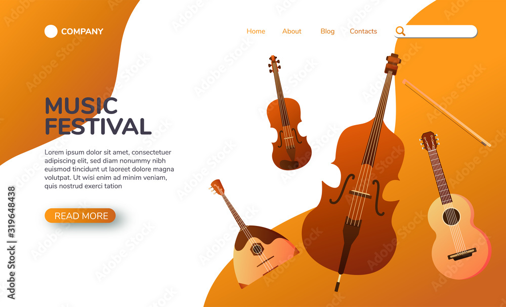 Musical landing page. Stringed musical instruments. Design layout for ...