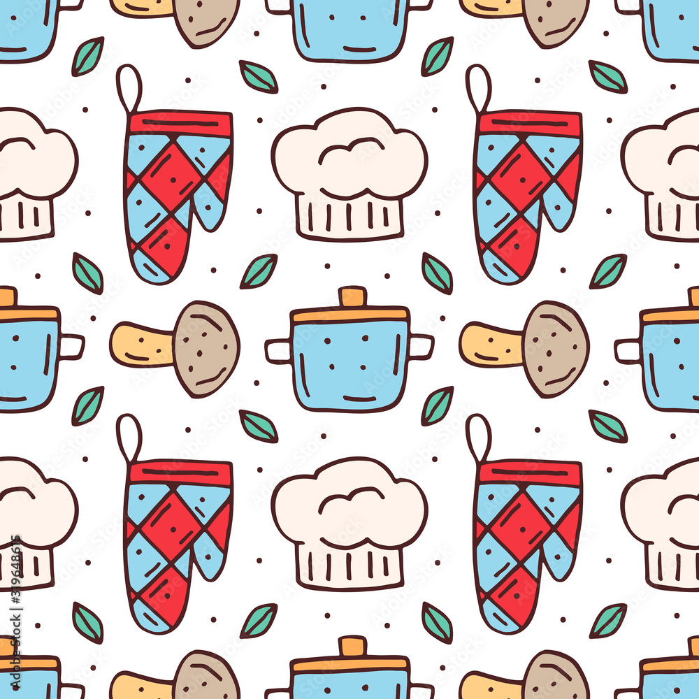 Kitchen elements cute doodle hand drawn cartoon vector seamless pattern ...