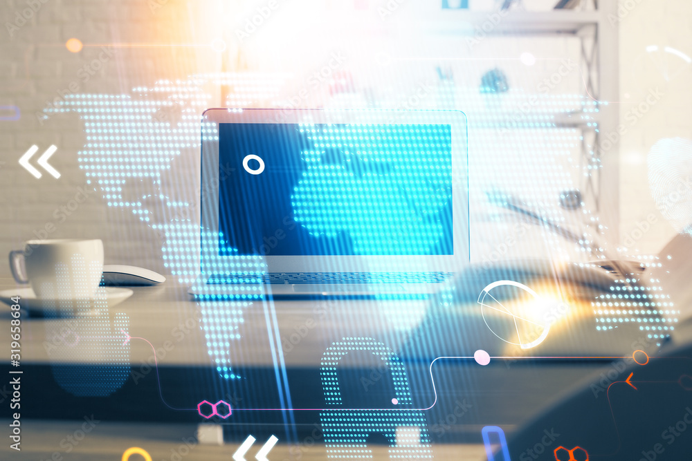 Multi exposure of table with computer and world map hologram ...