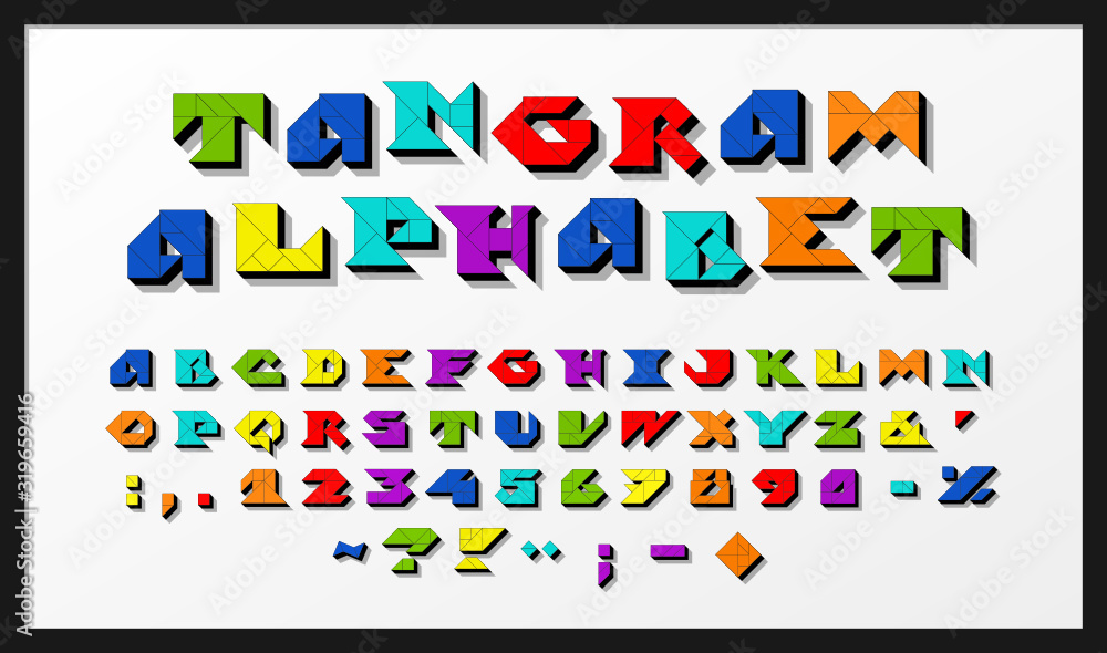 Colorful tangram alphabet (Each letter/figure is formed from a 7-shape ...