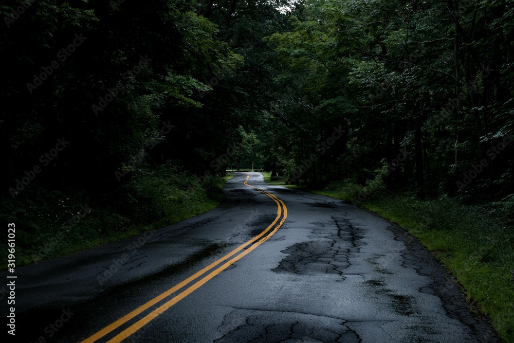 Foto de Winding road on a rainy day guiding through the Green Mountains ...