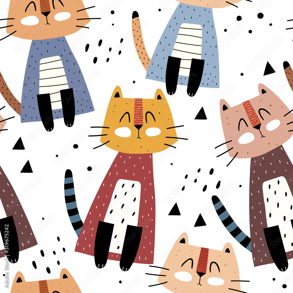Seamless pattern with cartoon cats, decor elements. colorful vector for ...