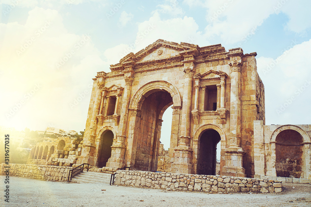 The Arch of Hadrian in Jerash, Jordan is an 11-metre high triple-arched ...