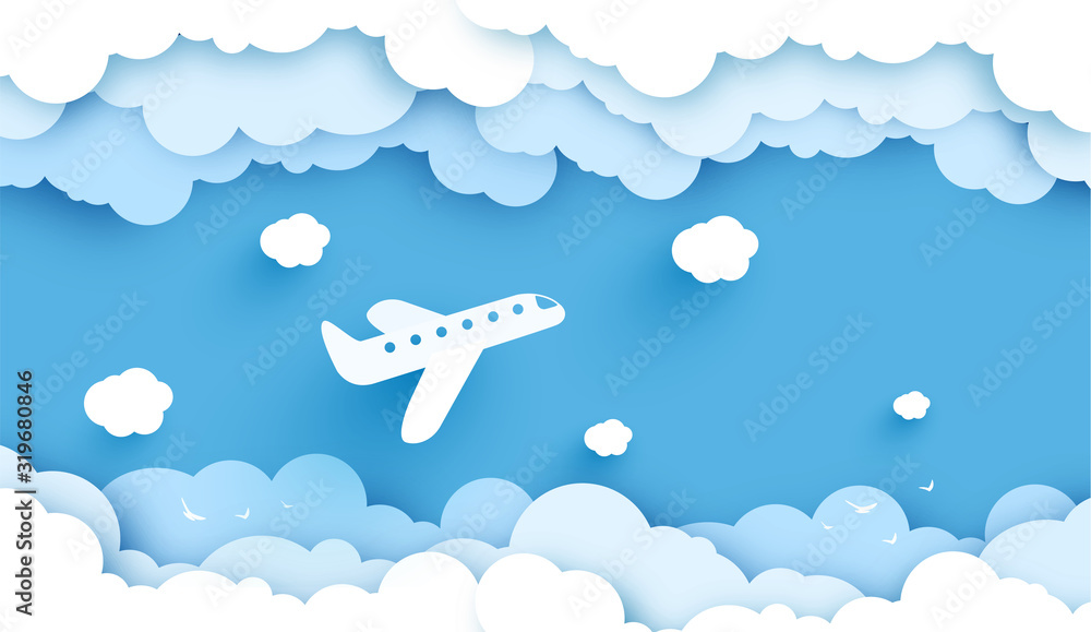 illustration of an plane over a cloud and sun and long shadow. Template ...