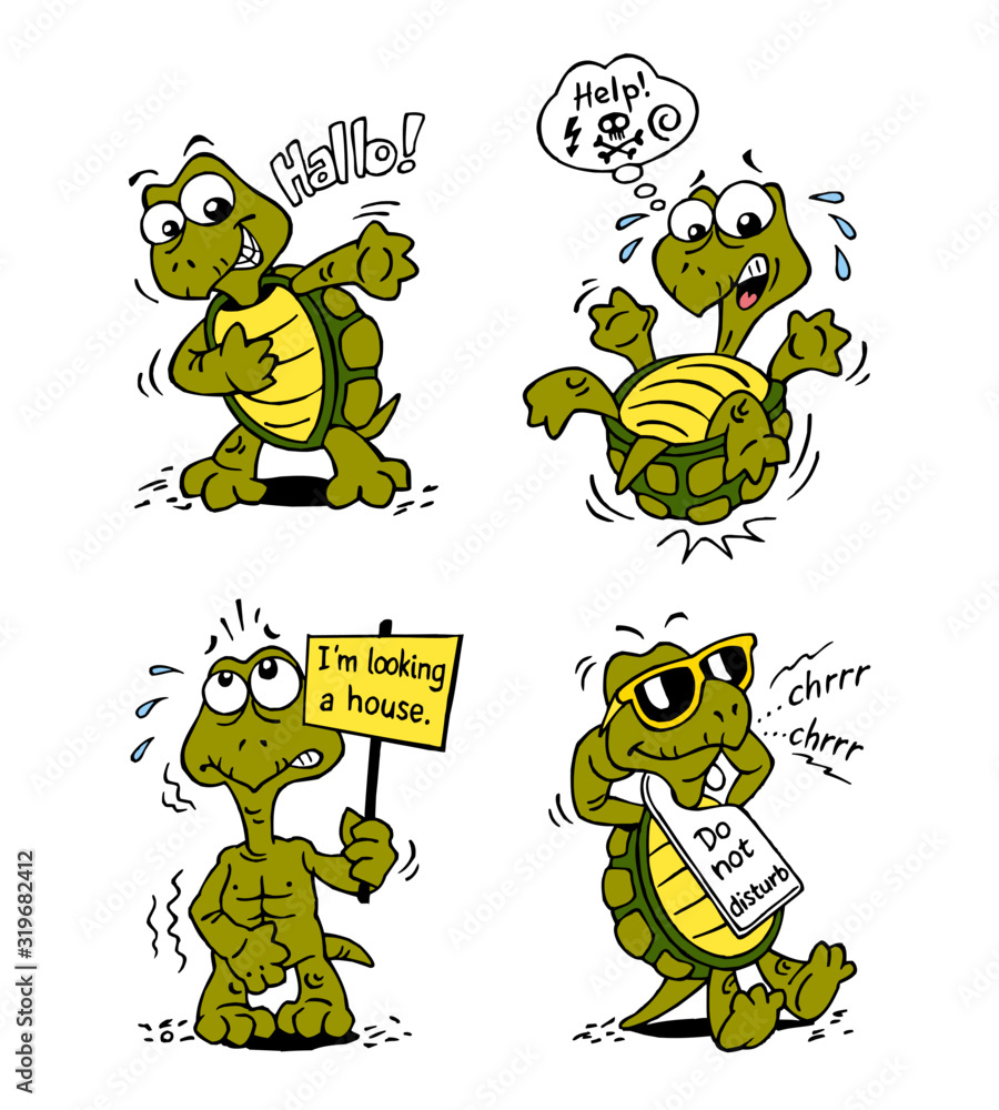 Cute turtle giving greeting, lying on carapace, looking for new home ...