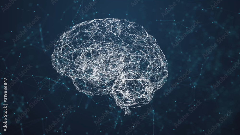 Artificial intelligence ( AI), Rotating human brain animation, modern ...