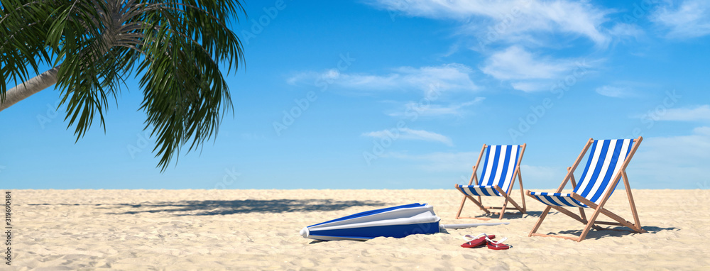 Strand Liegen am Sand Strand mit Palme Stock Illustration | Adobe Stock