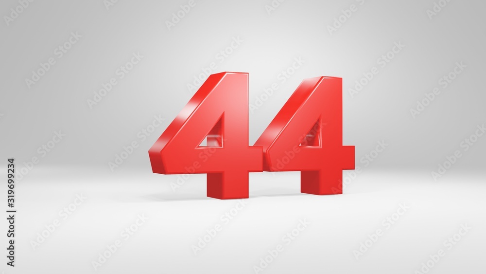 Number 44 in red on white background, isolated glossy number 3d render ...