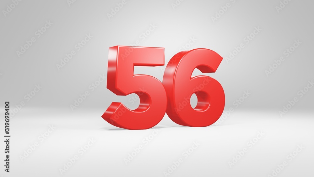 Number 56 in red on white background, isolated glossy number 3d render ...