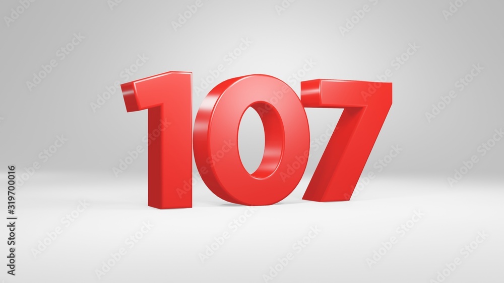 Number 107 in red on white background, isolated glossy number 3d render ...