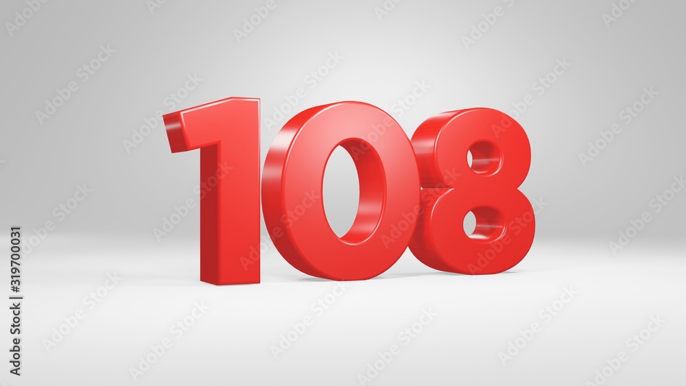 Number 108 in red on white background, isolated glossy number 3d render ...