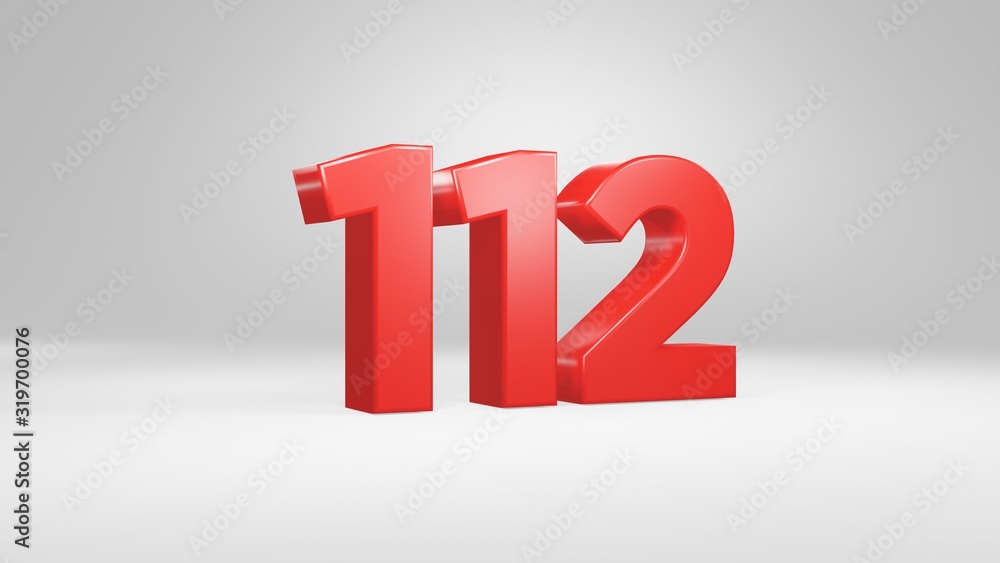 Number 112 in red on white background, isolated glossy number 3d render ...