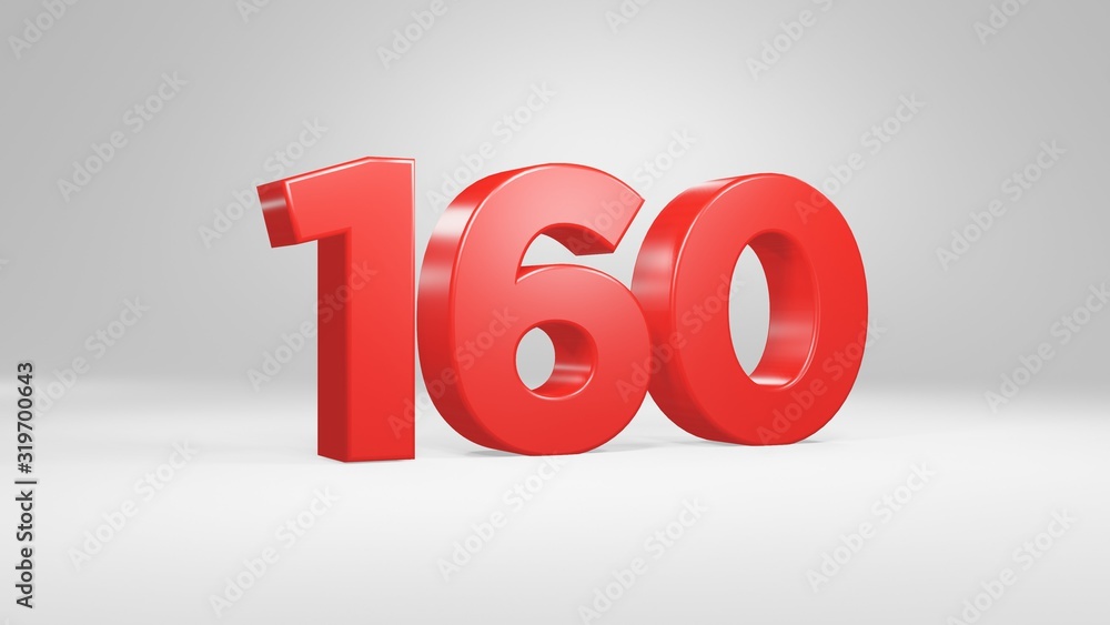 Number 160 in red on white background, isolated glossy number 3d render ...