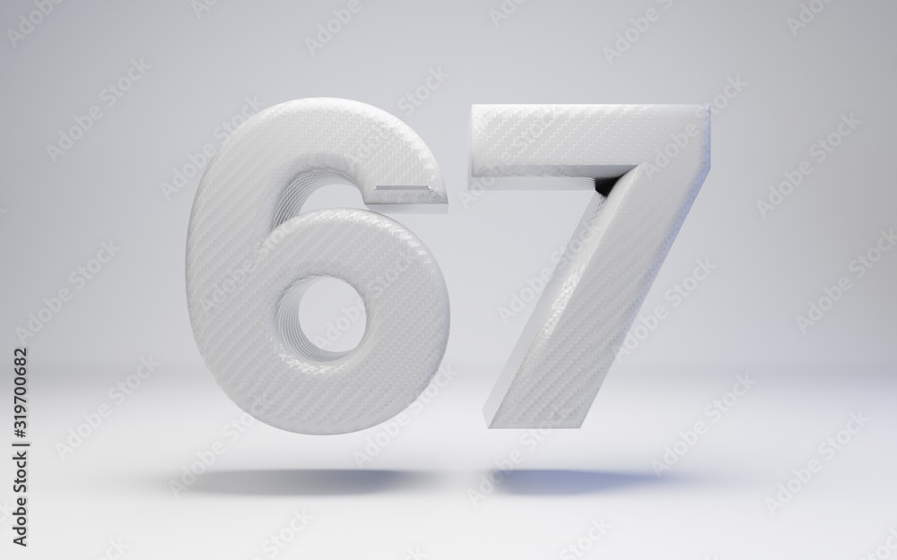 White carbon fiber number 67 isolated on white. 3D rendered white ...
