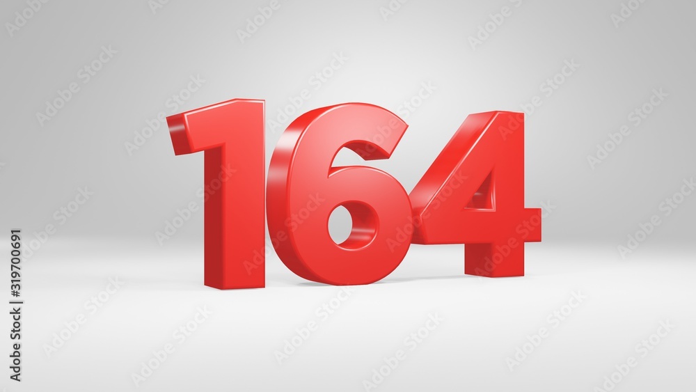 Number 164 in red on white background, isolated glossy number 3d render ...