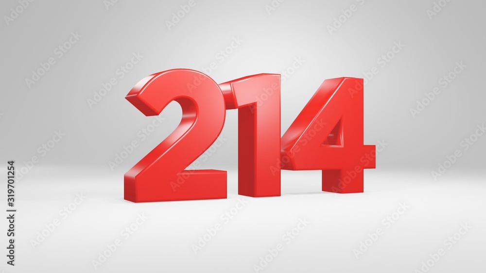 Number 214 in red on white background, isolated glossy number 3d render ...