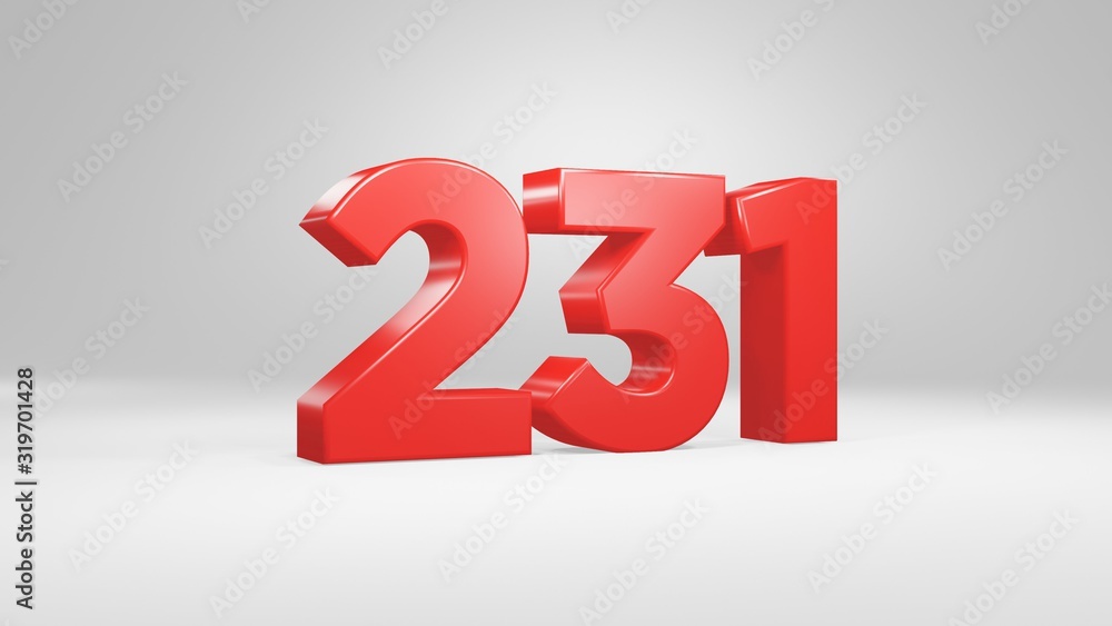 Number 231 in red on white background, isolated glossy number 3d render ...