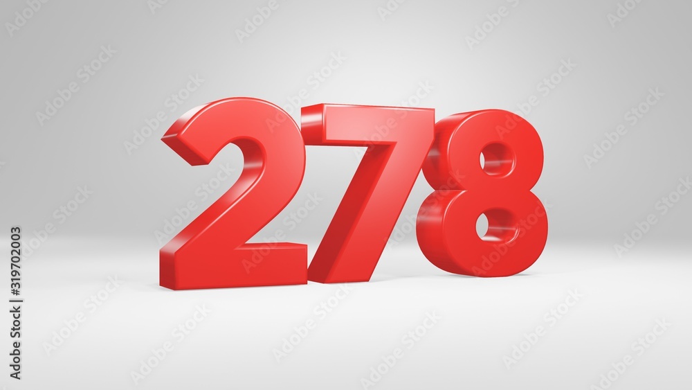 Number 278 in red on white background, isolated glossy number 3d render ...