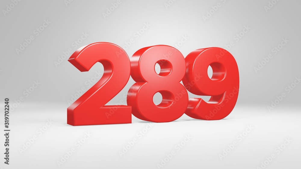Number 289 in red on white background, isolated glossy number 3d render ...