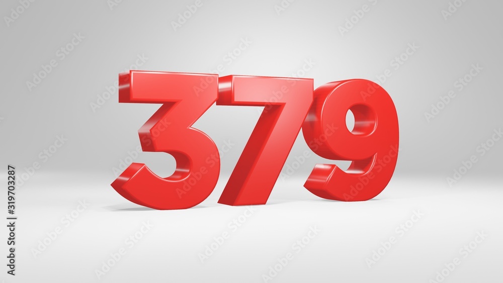 Number 379 in red on white background, isolated glossy number 3d render ...