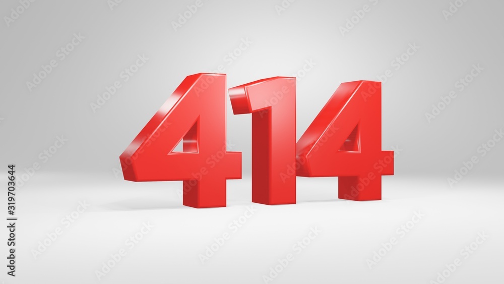 Number 414 in red on white background, isolated glossy number 3d render ...