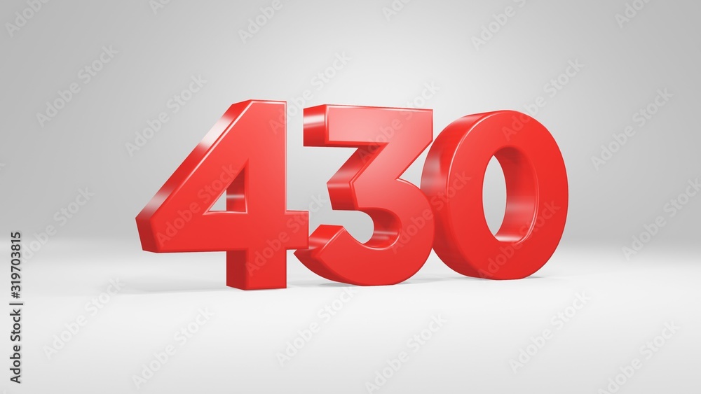 Number 430 in red on white background, isolated glossy number 3d render ...