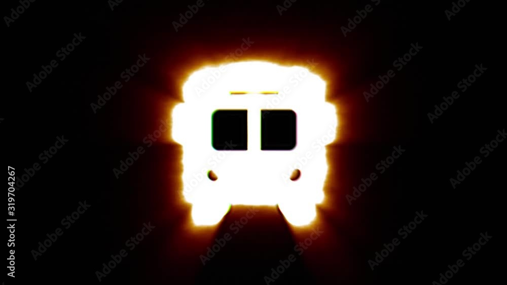 Shiny fire school bus icon fly in center flickers with rgb spectrum ...