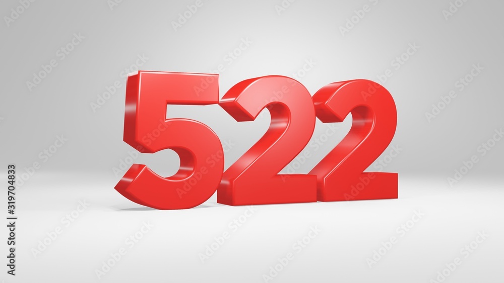Number 522 in red on white background, isolated glossy number 3d render ...
