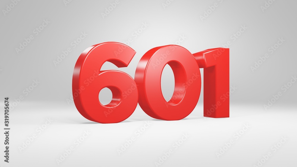 Number 601 in red on white background, isolated glossy number 3d render ...