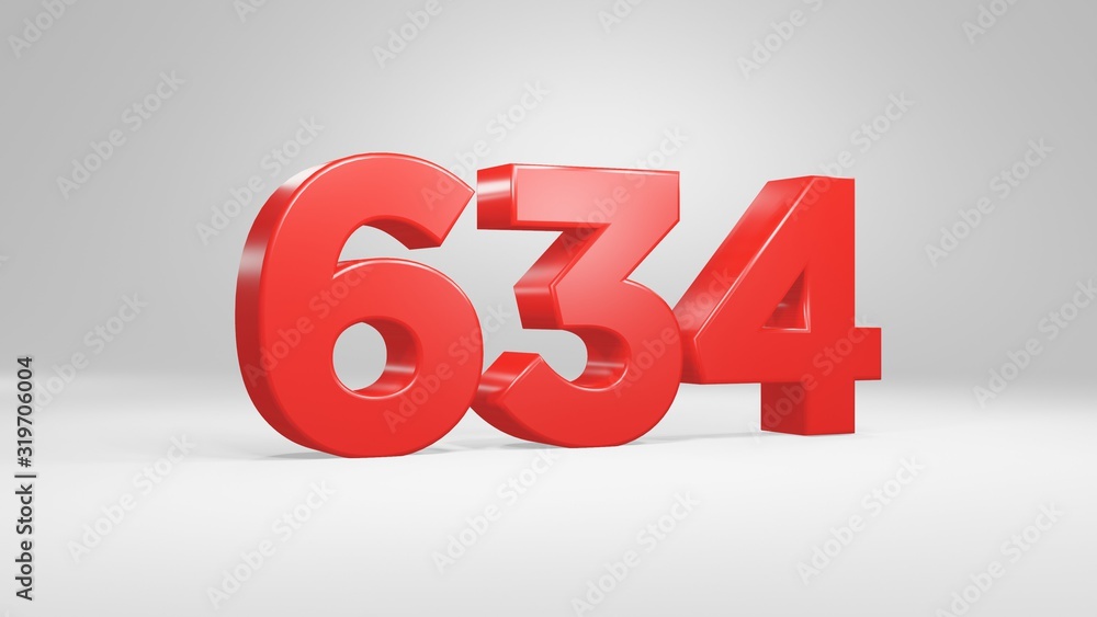 Number 634 in red on white background, isolated glossy number 3d render ...