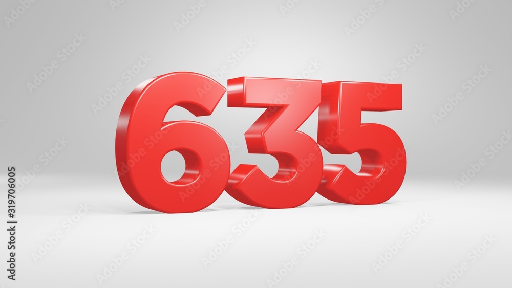 Number 635 in red on white background, isolated glossy number 3d render ...