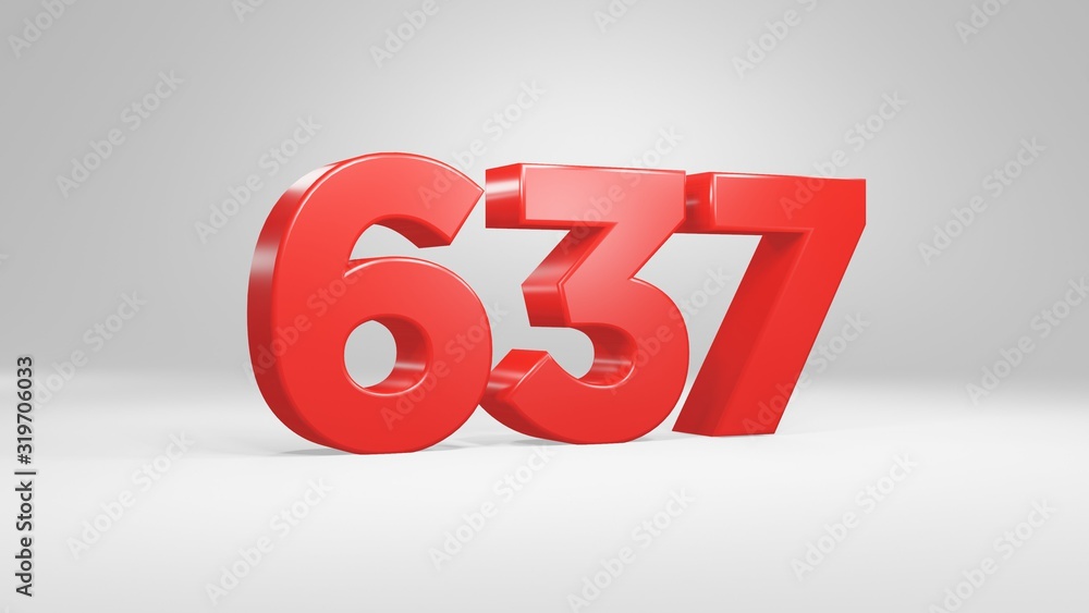 Number 637 in red on white background, isolated glossy number 3d render ...