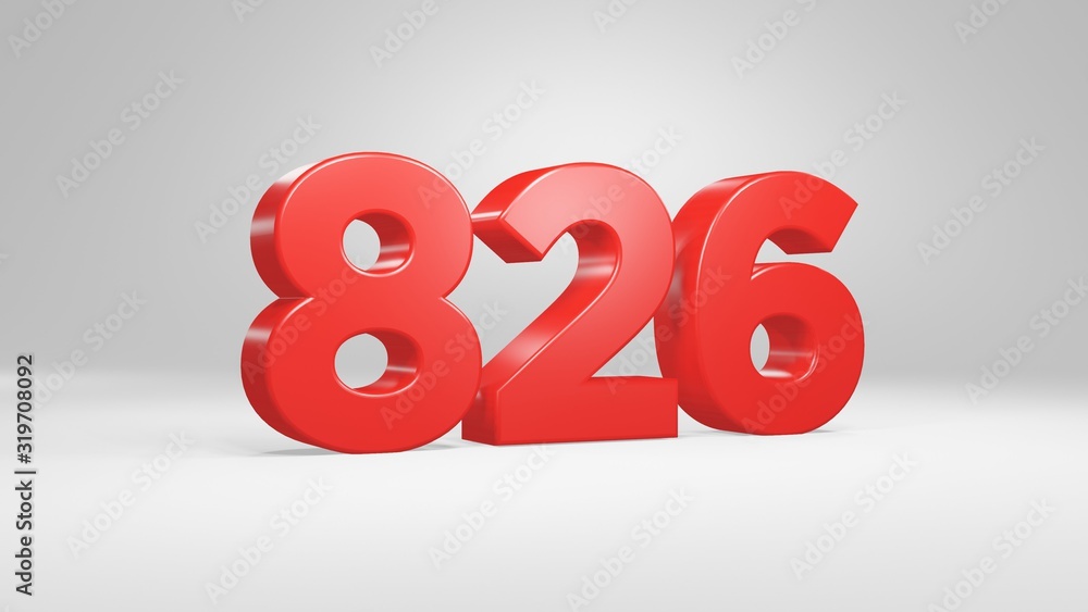 Number 826 in red on white background, isolated glossy number 3d render ...