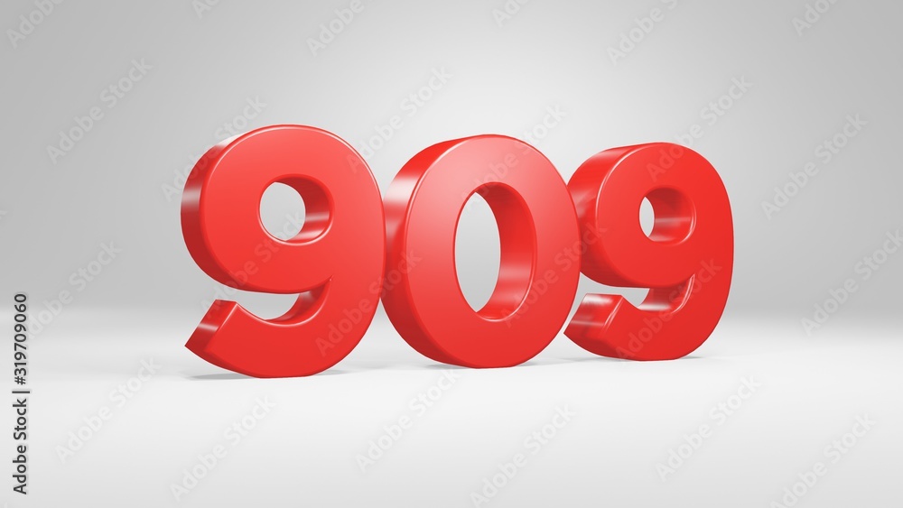 Number 909 in red on white background, isolated glossy number 3d render ...