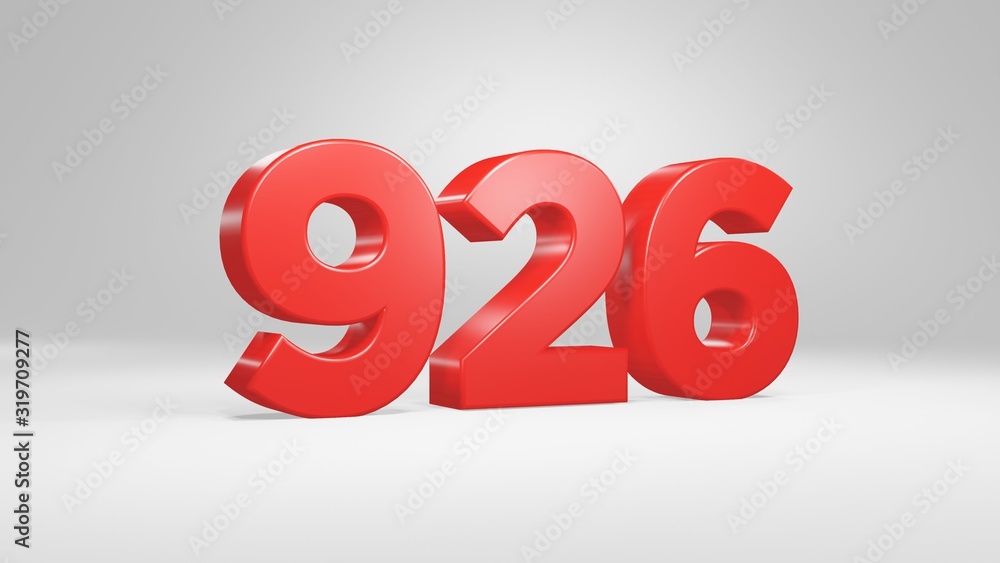 Number 926 in red on white background, isolated glossy number 3d render ...
