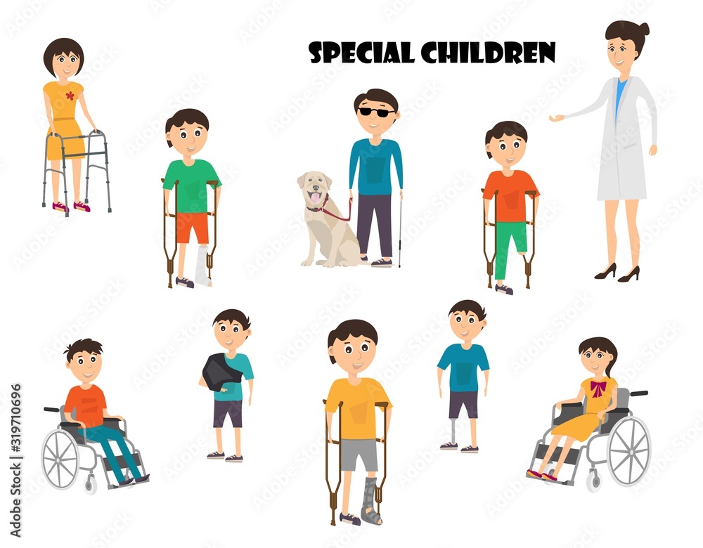 Disabled child, handicapped children in wheelchair. A boy with a broken ...