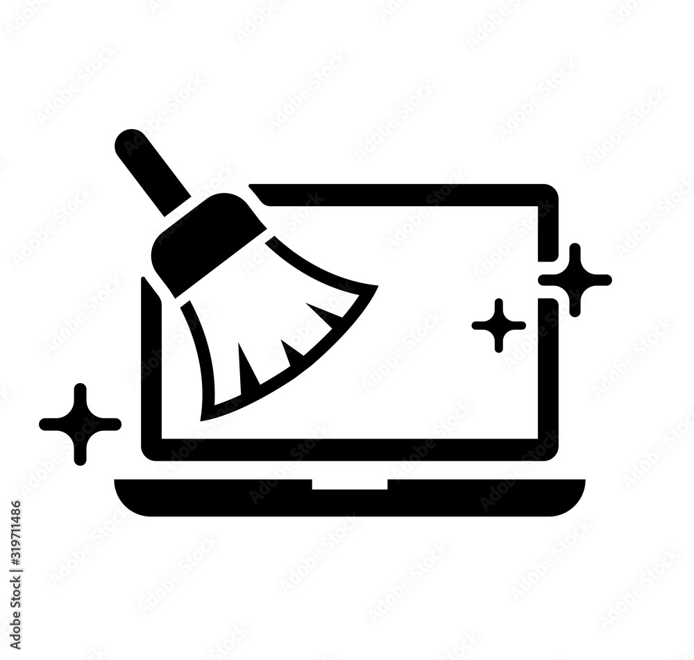 PC ( laptop computer ) cleaning with broom ( duster ) vector icon ...
