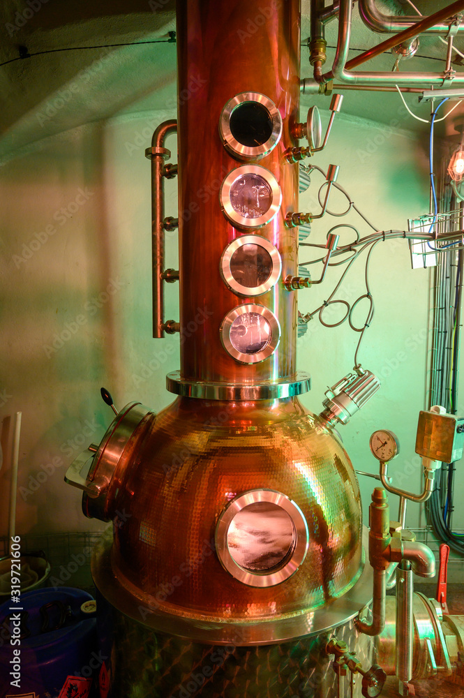 Gin distillation process in copper tanks, Scotland, UK Stock Photo ...
